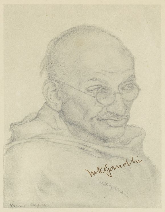 Bonhams : GANDHI (M.K., 'Mahatma') Portrait, signed ("MKGandhi"), being ...