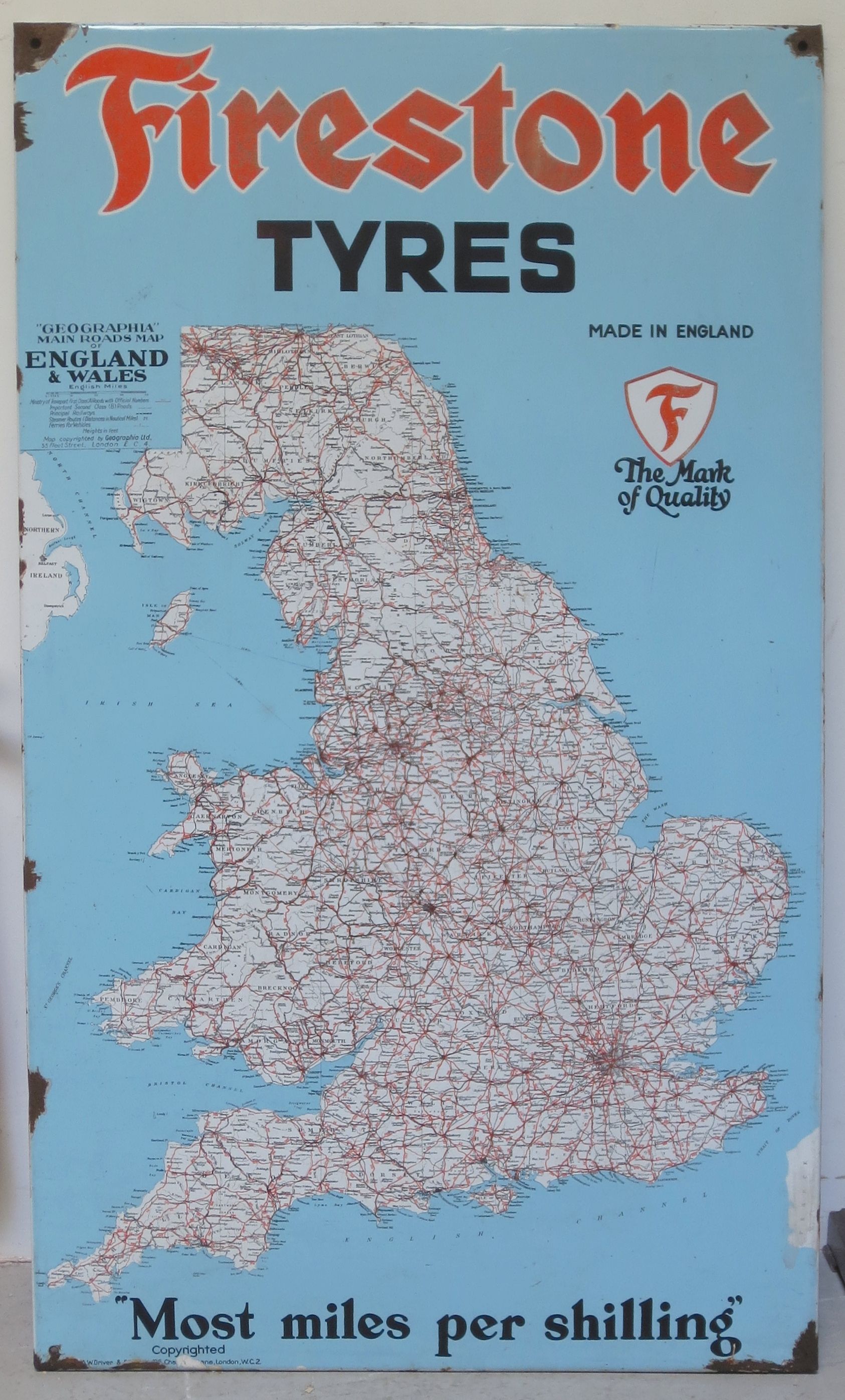Bonhams Cars : A 'Firestone Tyres' enamel map sign of England and Wales,