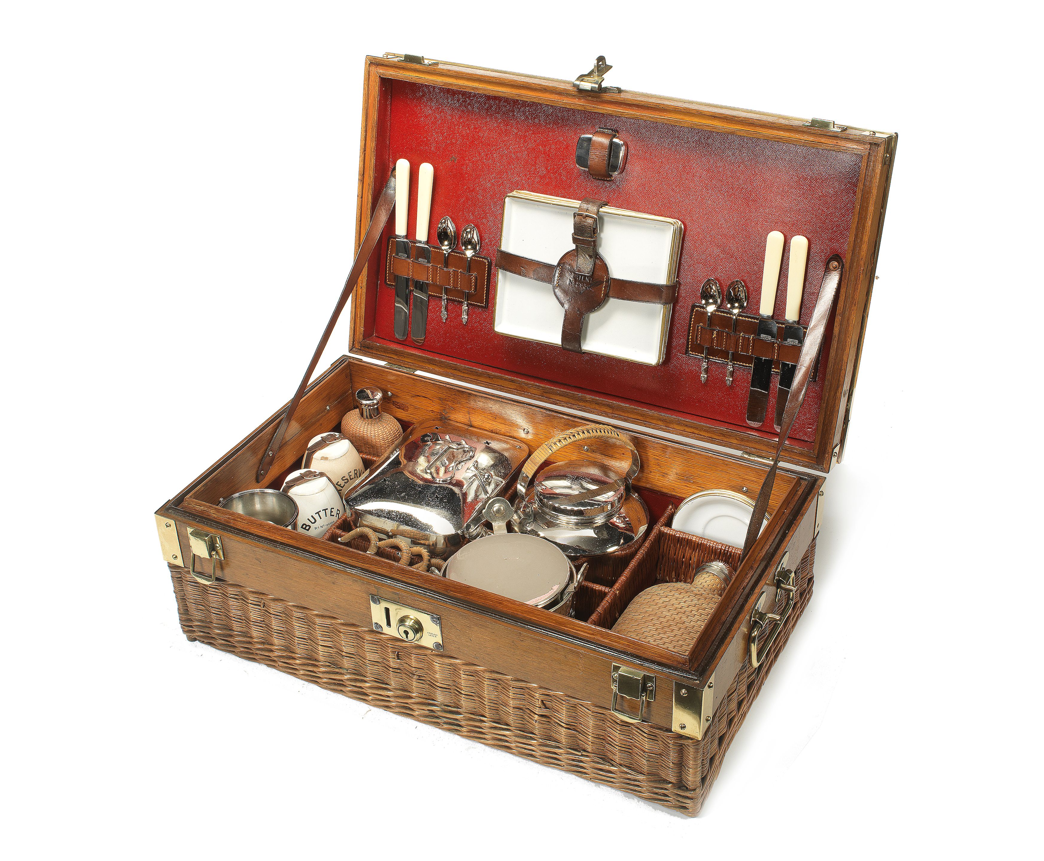 Bonhams Cars : A fine wooden and wicker-cased picnic set for four ...