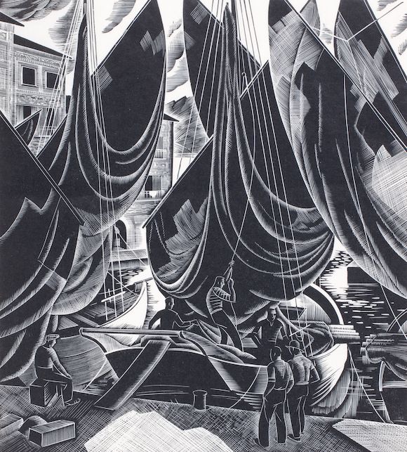Bonhams : Iain MacNab (British, 1890-1967) Drying Sails, Lake Garda ...