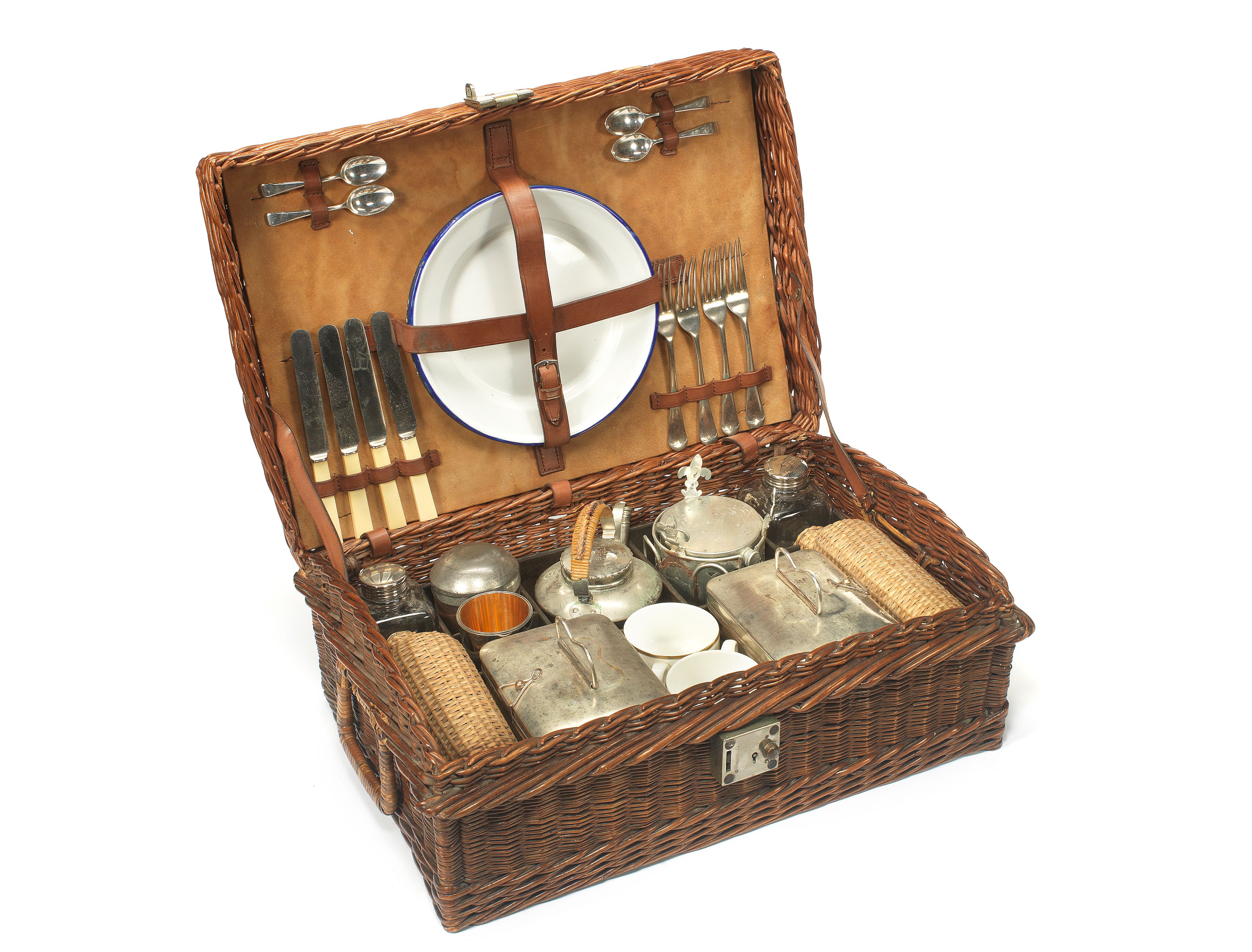 Bonhams Cars : An Edwardian wicker-cased picnic set for four persons by ...