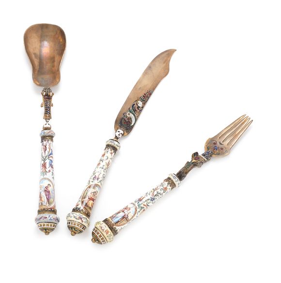 Bonhams : A 19th century Austrian gilt-metal and enamelled knife, fork ...