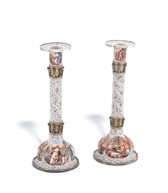Bonhams : A pair of 19th century Austrian enamel and silver mounted ...