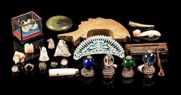 Bonhams : A varied collection of jewellery, hat finials, jade carvings ...