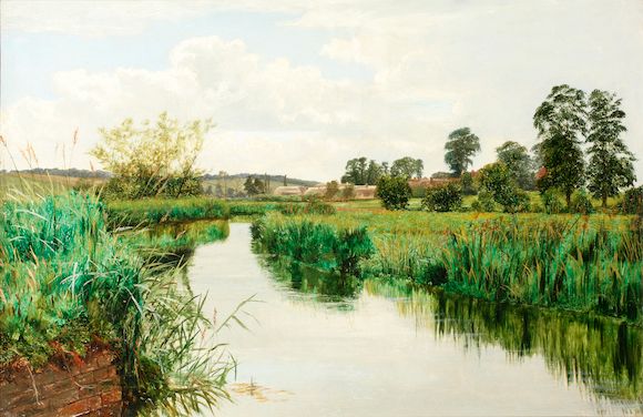 Bonhams : Henry John Kinnaird (British, active 1880-1920) River Landscape with buildings in the ...
