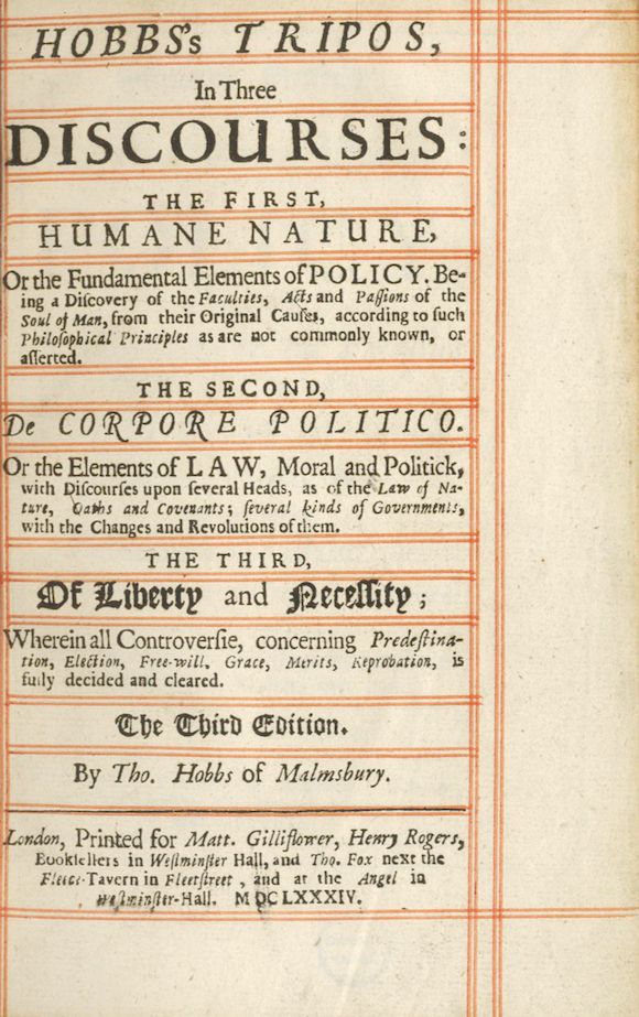 Bonhams : HOBBES (THOMAS) Hobb's Tripos, in Three Discourses... Third ...