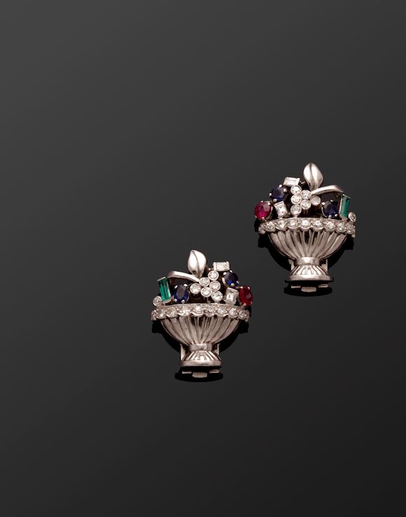 Bonhams : A pair of diamond and vari gem-set earclips