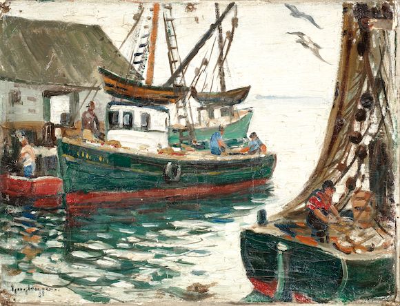 Bonhams : Guy A. Wiggins (American, born 1920) 'Fishing Boats, Stonington'