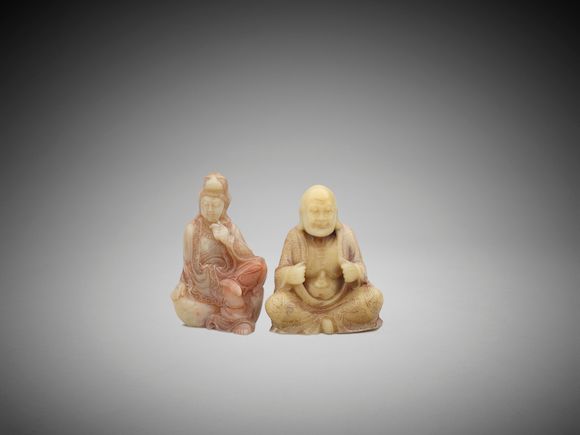 Bonhams : Two Chinese carved soapstone figures of a Guanyin and an ...
