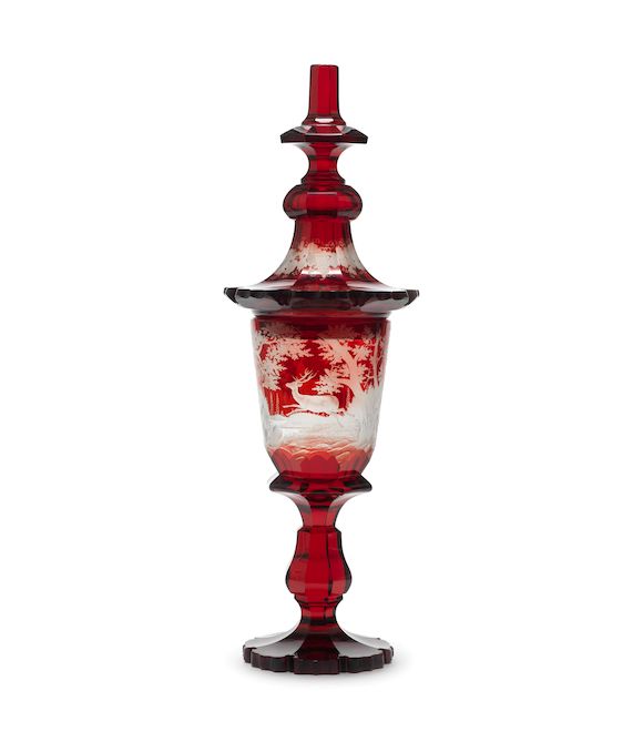 Bonhams : A Bohemian ruby stained goblet and cover, circa 1840-60