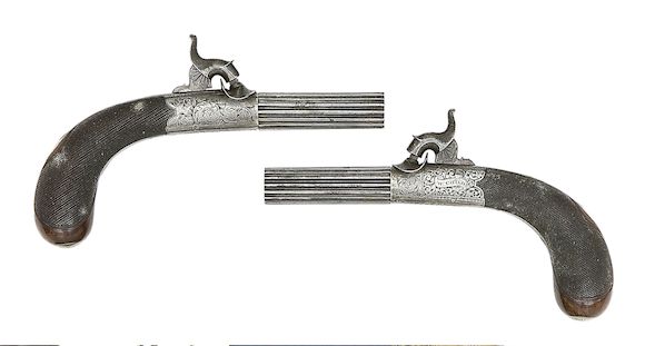 Bonhams : A Cased Pair Of 54-Bore Percussion Box-Lock Pocket Pistols