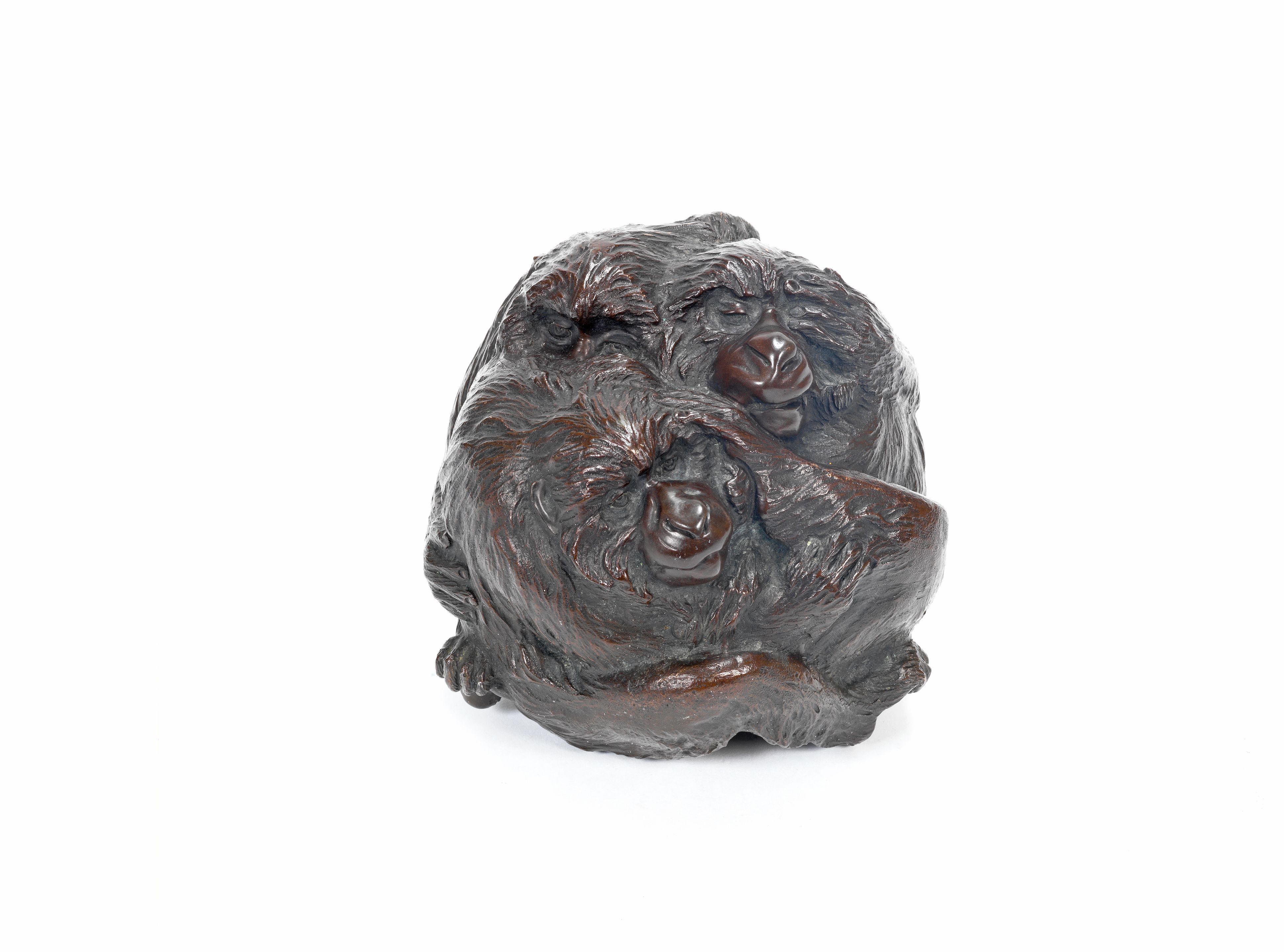 Bonhams : A bronze spherical okimono in the form of the Sanbiki no Saru ...