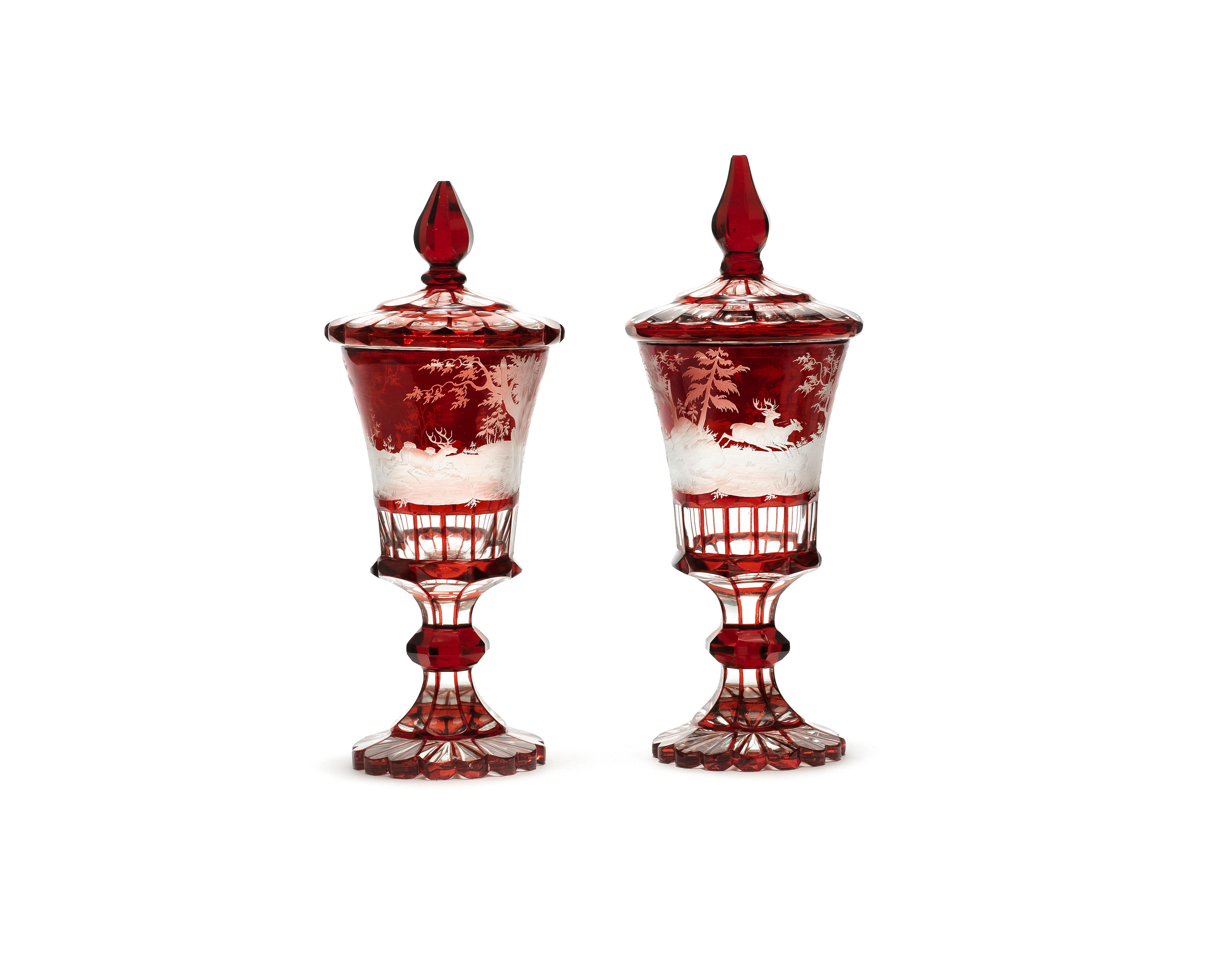 Bonhams A Pair Of Bohemian Part Ruby Stained Goblets And Covers