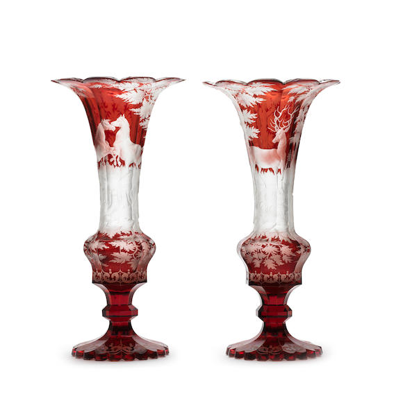 Bonhams A Good Pair Of Bohemian Ruby Stained Vases Circa 1840 50