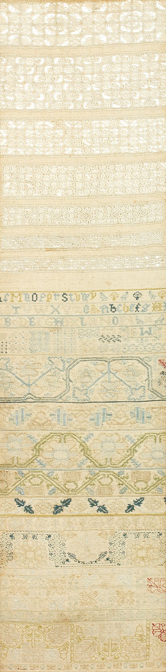 Bonhams : A late 17th century embroidered and cutwork band sampler, English