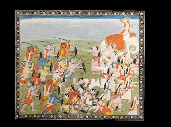 Bonhams : A scene from the Devi Mahatmya: Indra, seated on Airavata ...