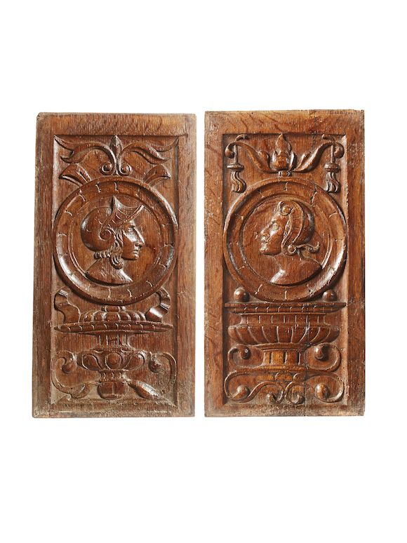Bonhams : A pair of early 16th century carved oak 'Romayne' panels ...