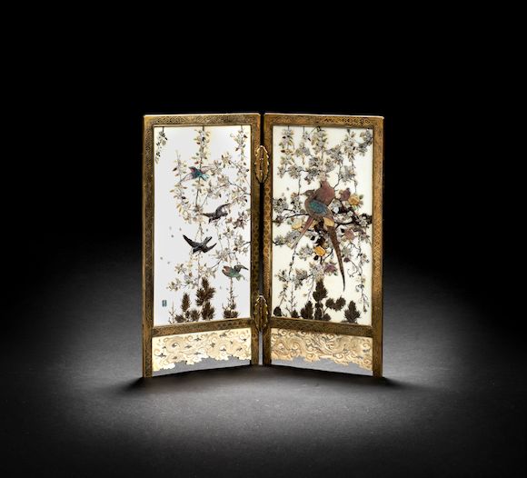 Bonhams : An ivory and Shibayama-inlaid two-panel folding table screen ...