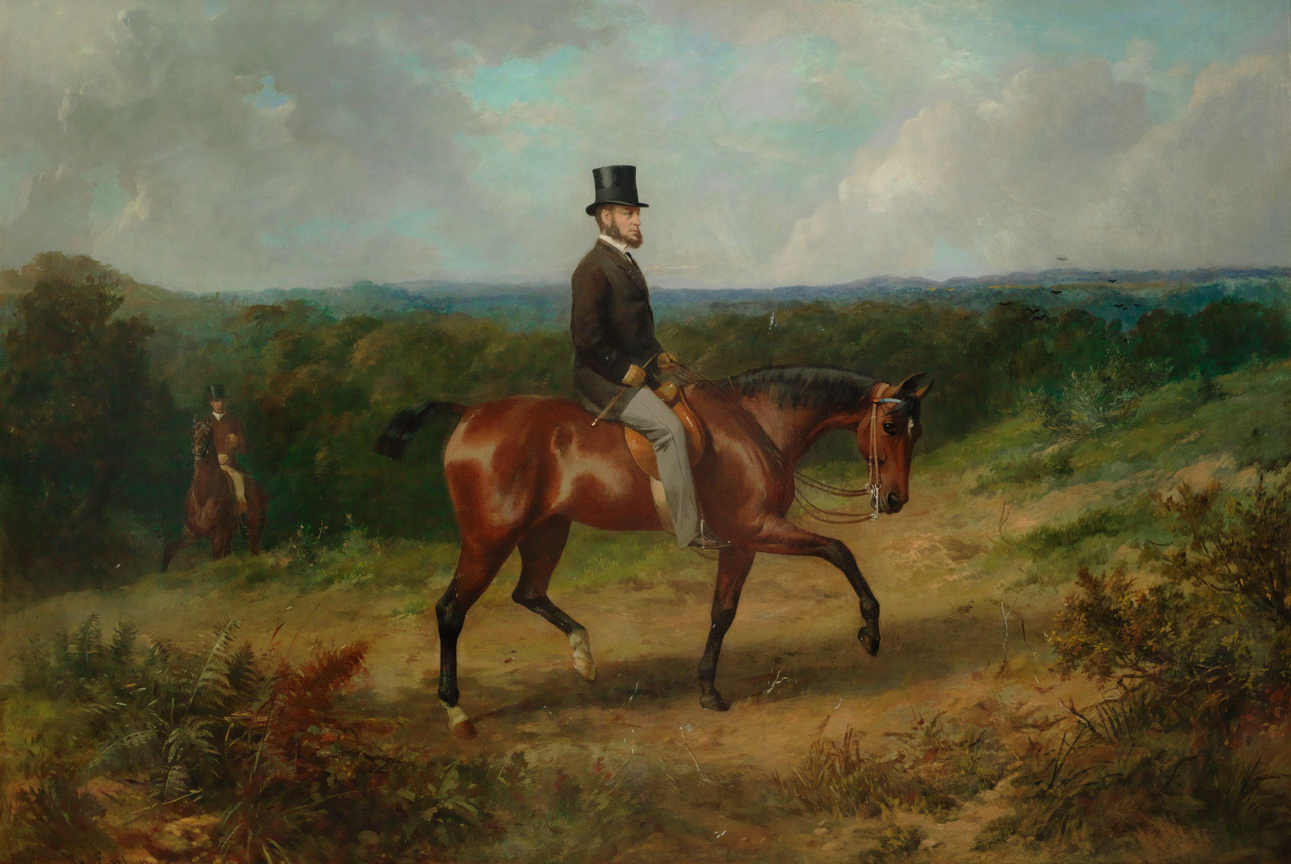 Bonhams : George Earl (British, 1824-1908) A Gentleman on a bay hunter in a woodland landscape