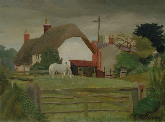 Bonhams : Gilbert Spencer R.A. (British, 1892-1979) Village scene with ...