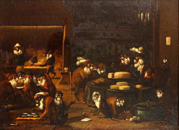 Bonhams : Follower of David Teniers the Younger (Flemish, 1610-1690), 20th Century Monkeys ...