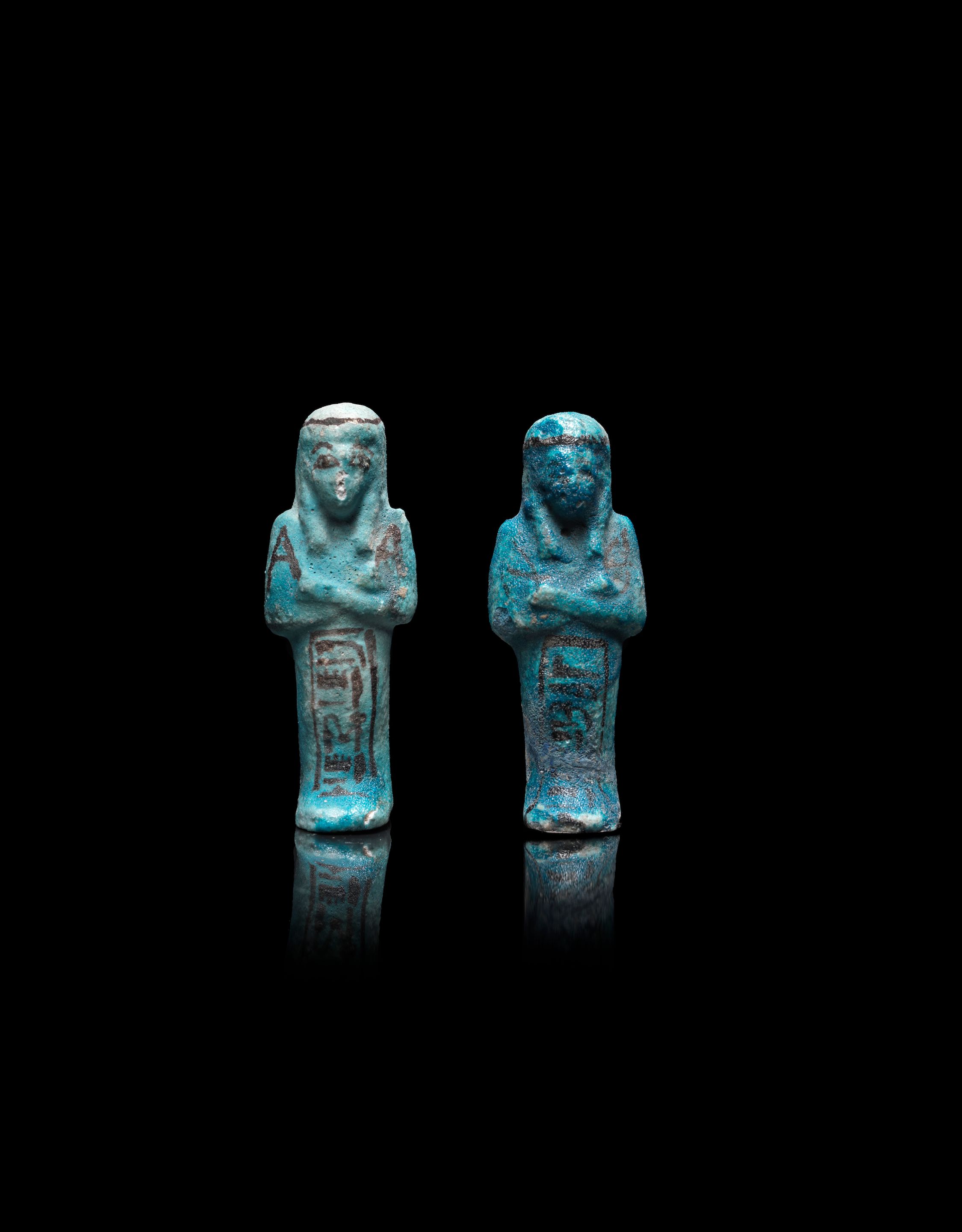 Bonhams : Two Egyptian blue glazed composition shabtis for the scribe ...