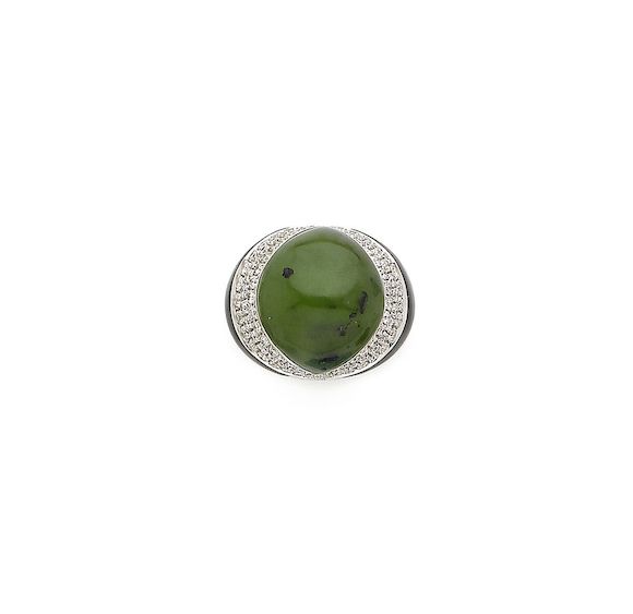 Bonhams : A nephrite, onyx and diamond dress ring