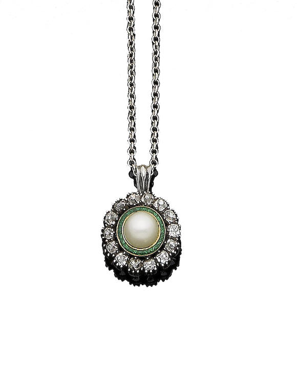 Bonhams An Enamel Cultured Pearl And Diamond Pendant Necklace