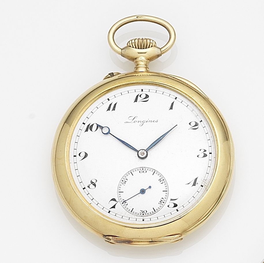 Bonhams : Longines. An 18k gold keyless wind open face pocket watch ...