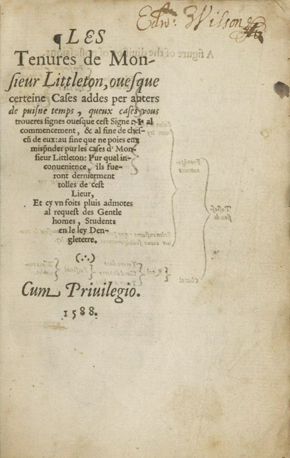 Bonhams : LITTLETON (THOMAS) Les tenures, [Richard Tottell], 1588