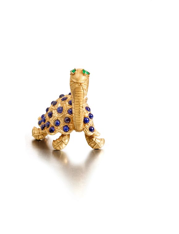 Bonhams : A lapis lazuli and emerald tortoise brooch, by Cartier,