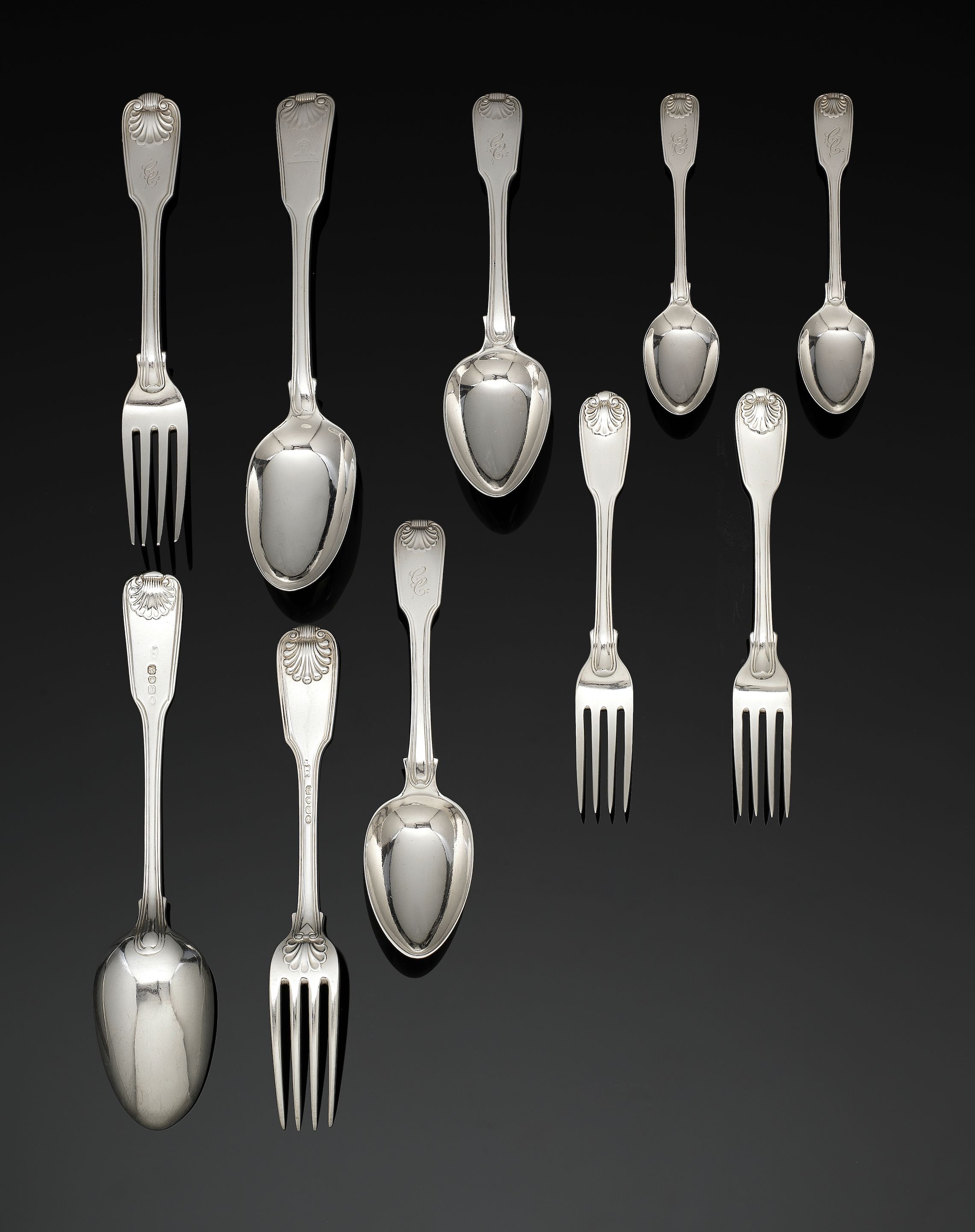 Bonhams : A matched service of silver Fiddle, Thread and Shell pattern ...