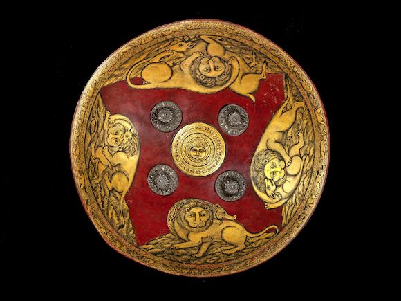 Bonhams : A Mughal painted leather Shield (dhal) North India, 19th Century