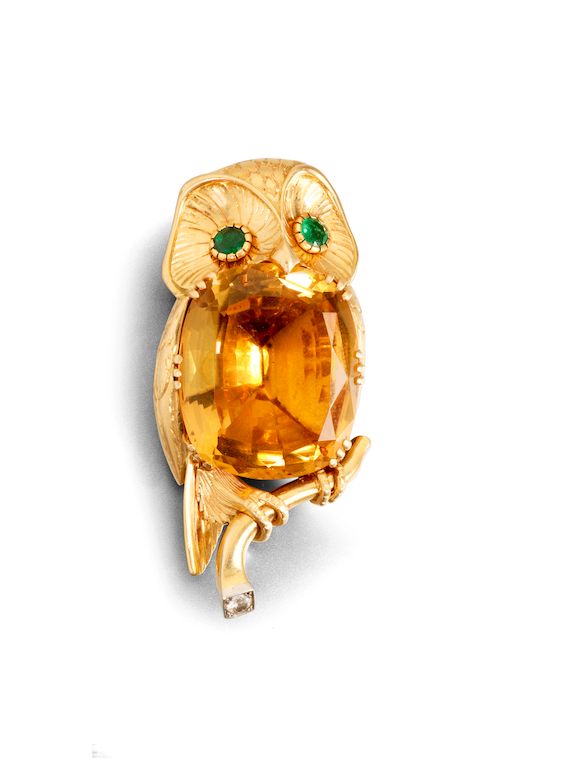 Bonhams : A citrine, emerald and diamond owl brooch, by Cartier,
