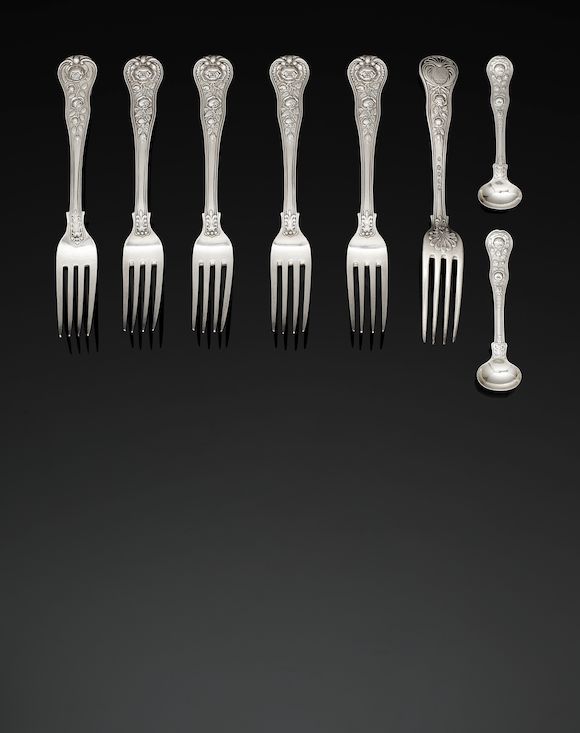 Bonhams : A set of five Victorian silver Rose pattern table forks by ...