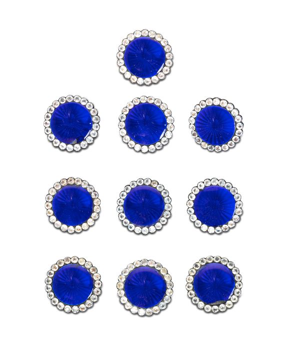 Bonhams : A set of nine large antique enamel and white paste buttons (9)