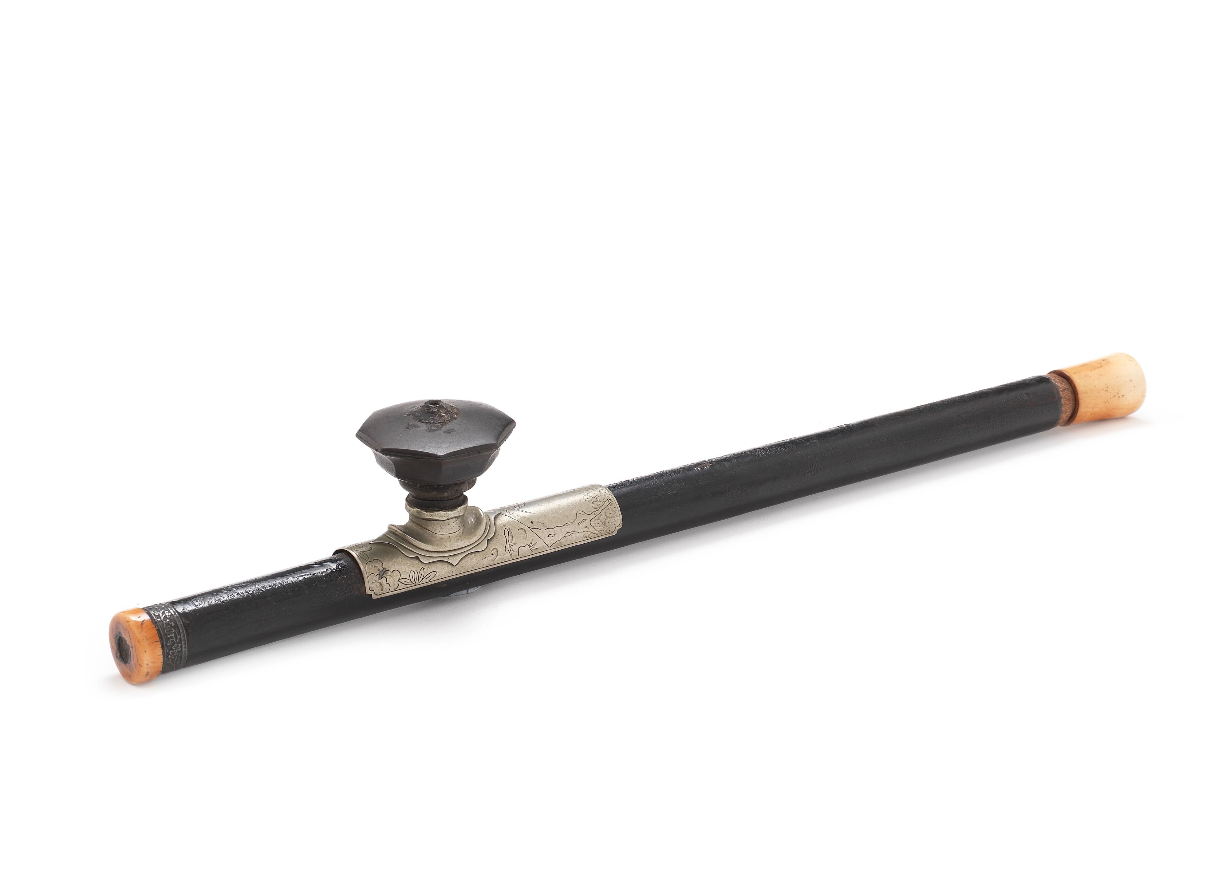 Bonhams : An ivory and pewter-mounted lacquered opium pipe 19th century