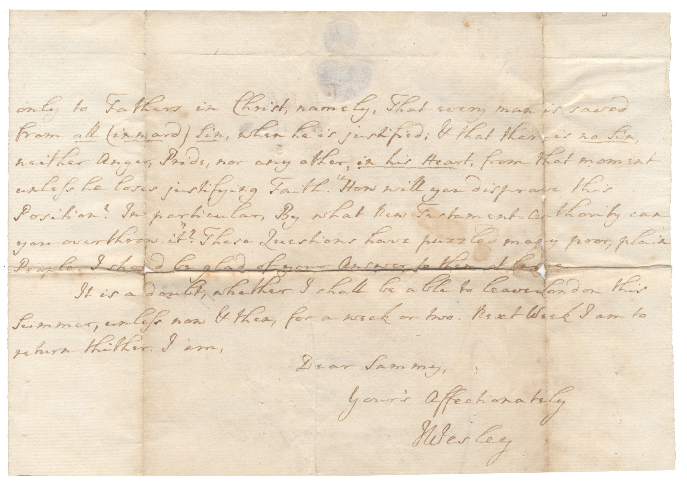 Bonhams : WESLEY (JOHN) Autograph letter signed (J Wesley), to the Rev ...