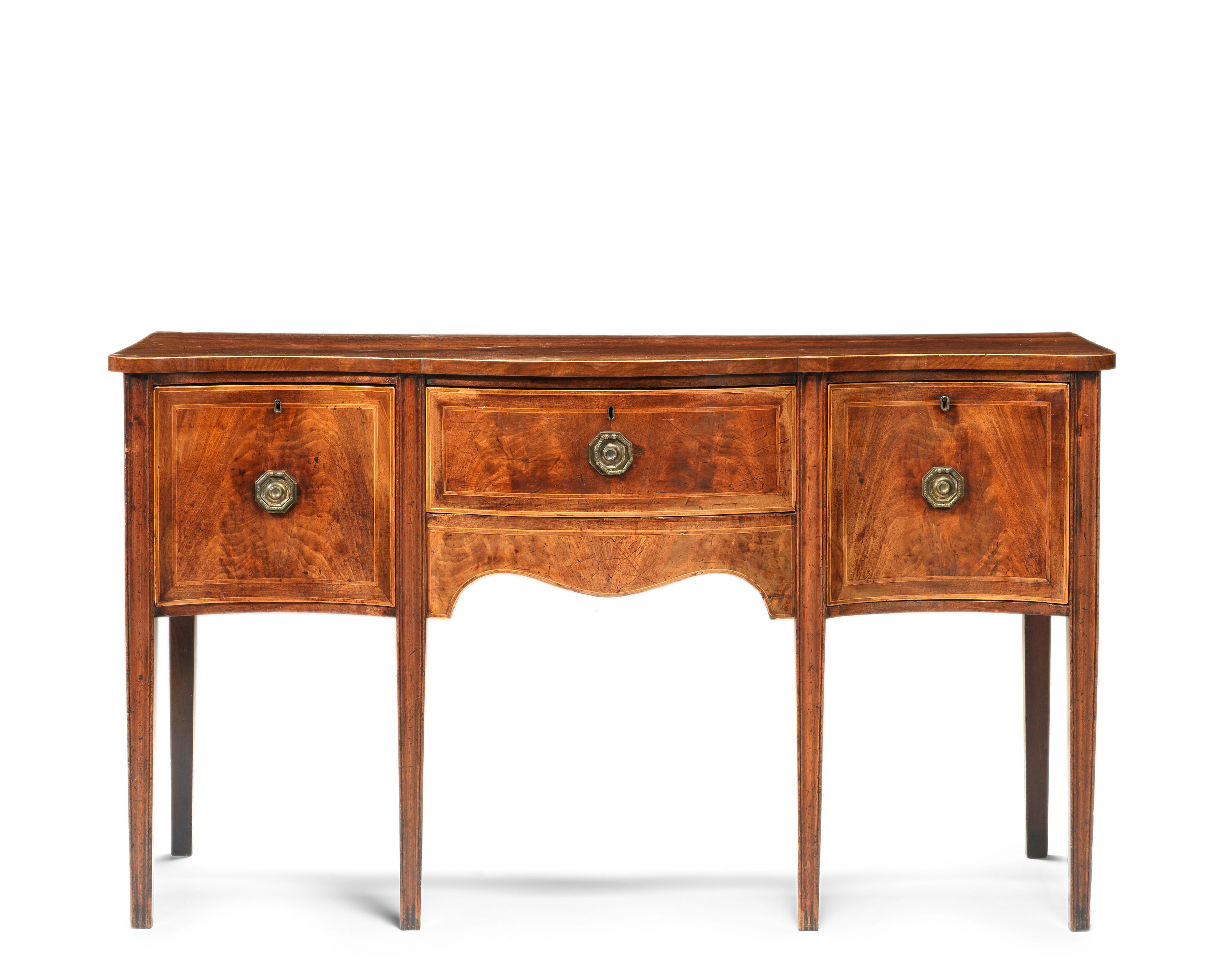 Bonhams : A small George III mahogany and crossbanded serpentine sideboard
