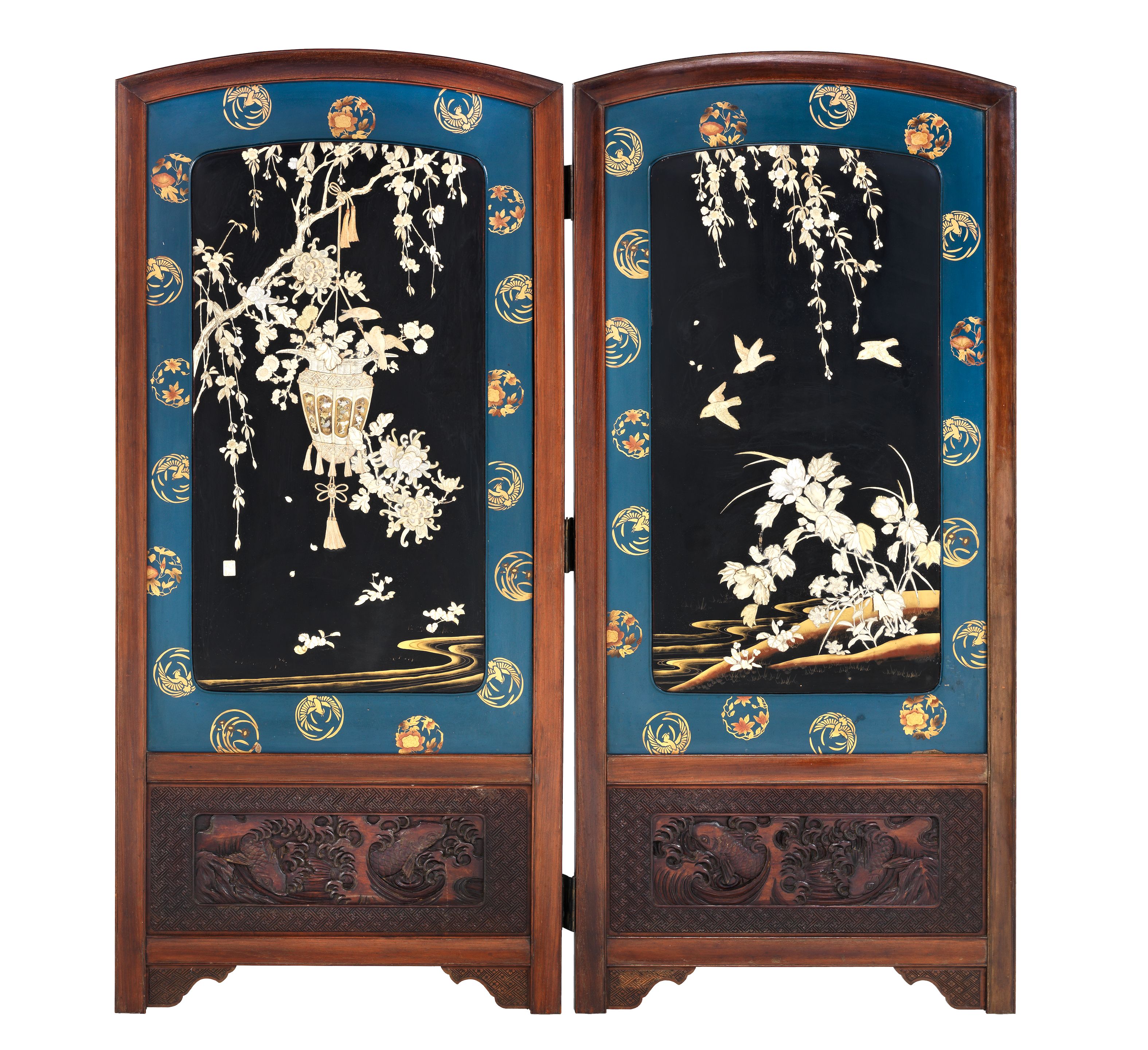 Bonhams : A Japanese two-panel folding lacquered wood screen inlaid ...