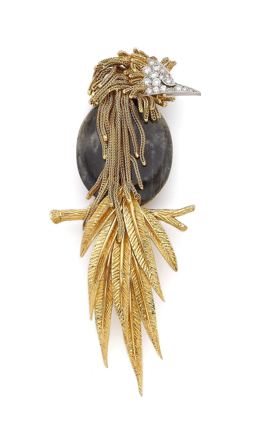 Bonhams : A hardstone and diamond brooch,