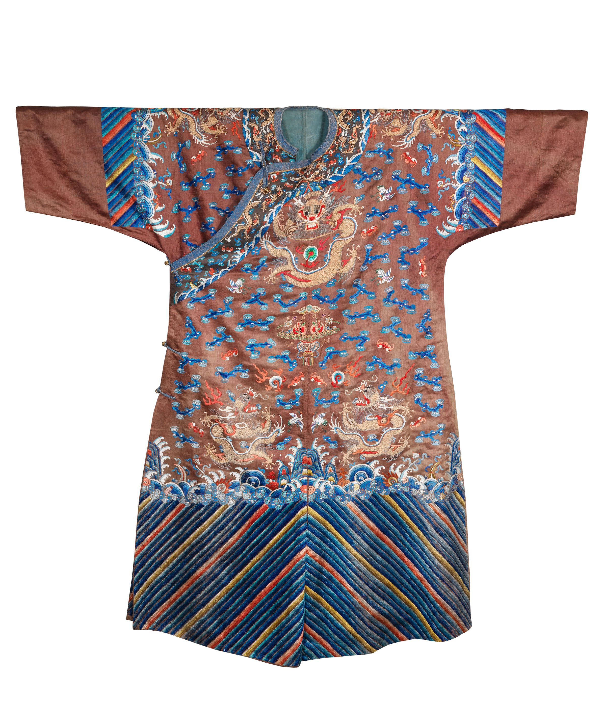 Bonhams : A brown-ground 'nine dragons' silk robe Late Qing Dynasty