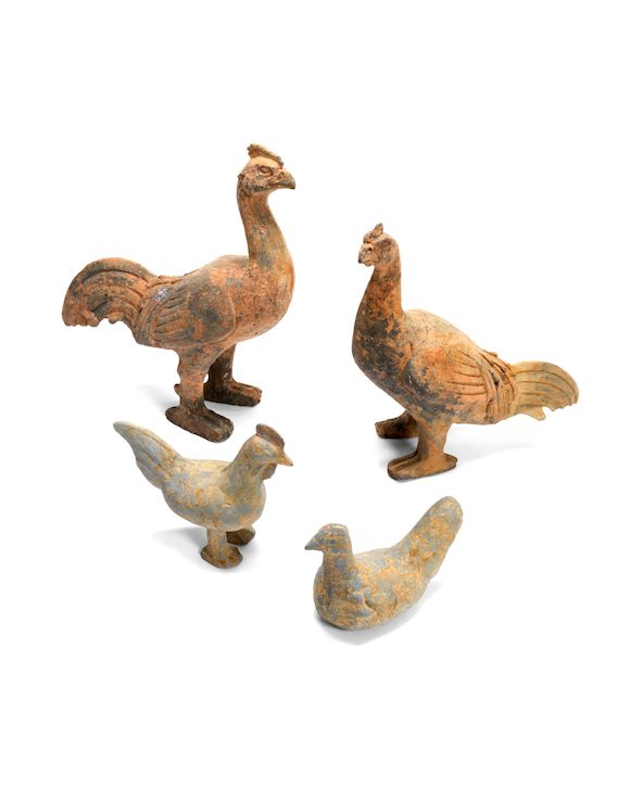 Bonhams : Four Chinese pottery models of cockerels and hens Eastern Han ...