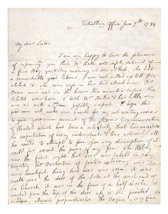 Bonhams : MUSIC - HANDEL COMMEMORATION 0F 1784 Autograph letter [by Mrs ...