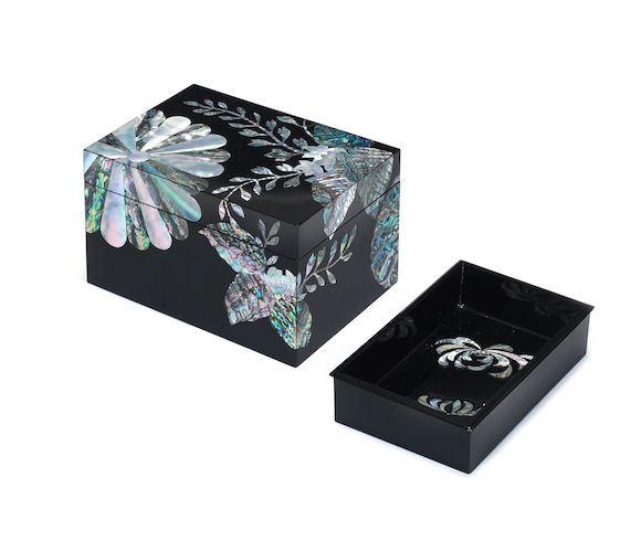 Bonhams : A black-lacquer wide rectangular box and a tanzakubako (poem ...