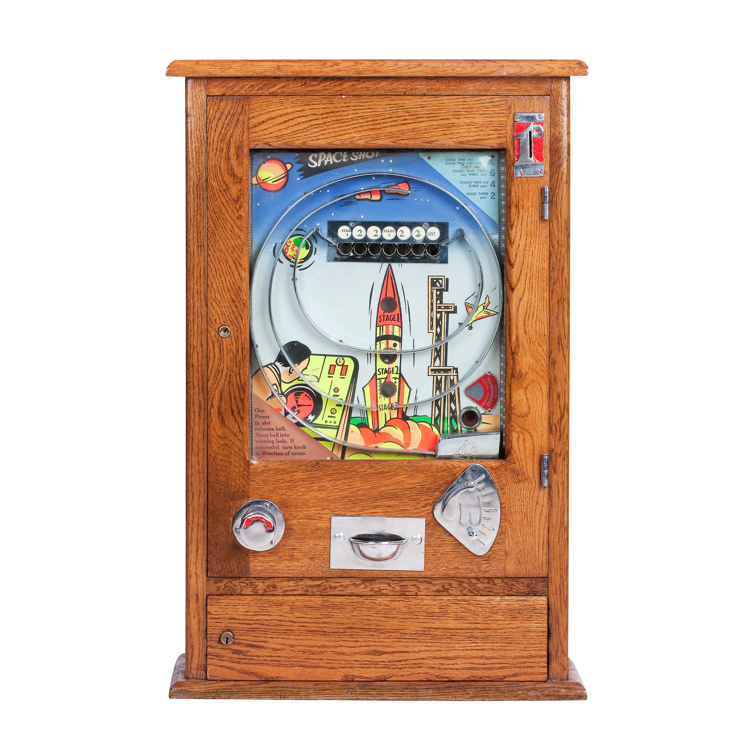 Bonhams : A mid-20th century oak cased 'space shot' slot machine