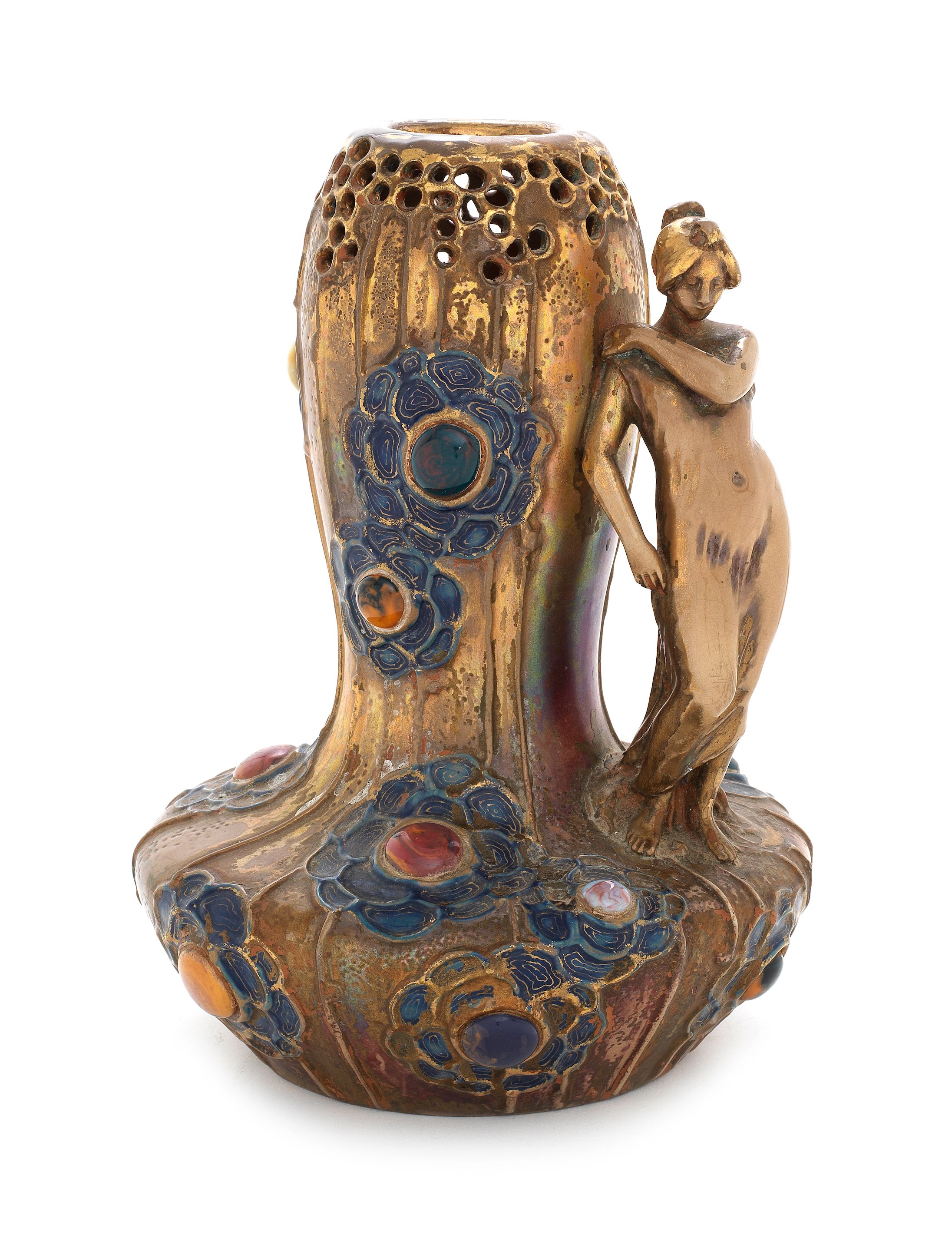 Bonhams : An Art Nouveau Amphora Gilt Enamelled Pottery Figural Vase by ...