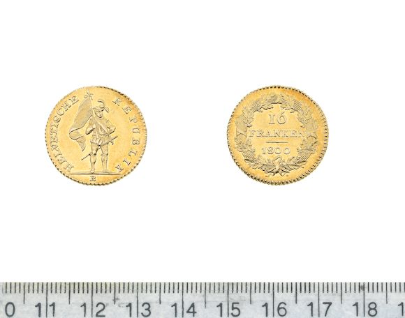 Bonhams : Switzerland, 16 Franken, 1800B, standing Swiss holding flag ...