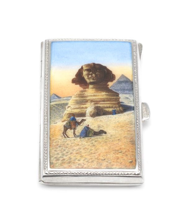 Bonhams : An Egyptian silver and enamelled 'sphinx' cigarette case with ...