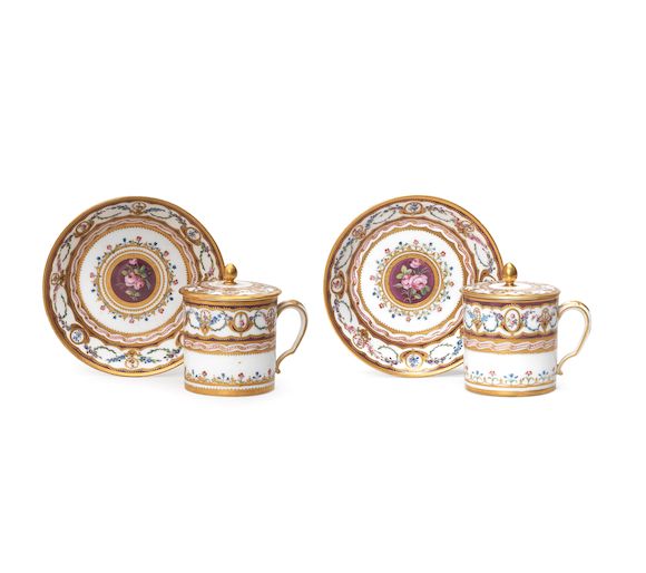Bonhams : A pair of Sèvres covered cups and saucers, circa 1787